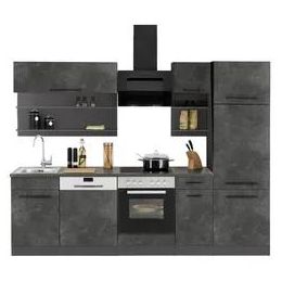 Küchenzeile KOCHSTATION "KS-Tulsa", bunt (küche: grau, korpus: grafit, arbeitsplatte: anthrazit), B:270cm T:60cm, Komplettküchen-Sets, mit E-Geräten, Breite 270 cm, schwarze Metallgriffe, MDF Fronten