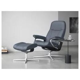 Relaxsessel stressless "Consul", blau (sparrow blau paloma), B:82cm H:102cm T:72cm, Leder PALOMA: PALOMA ist ein durchgefärbtes Semianilin-Möbelleder mit natürlicher Narbung., Sessel, mit Hocker, mit Cross Base, Größe S, M & L, Holzakzent Schwarz