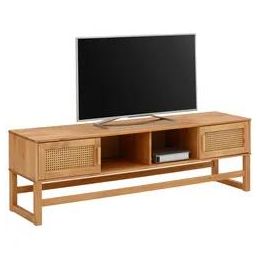Lowboard Home Affaire "Linz", gelb (honigfarben), B:160cm H:50cm T:40cm, FSC-zertifiziertes Massivholz, Sideboards, Kommode mit Rattangeflecht auf den Türfronten, aus Massivholz