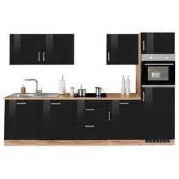 Küchenzeile KOCHSTATION "KS-Tinnum", schwarz (küche: schwarz, korpus: wotaneichefarben, arbeitsplatte: wotaneichefarben), B:300cm T:60cm, Komplettküchen-Sets, ohne E-Geräte, Breite 300 cm