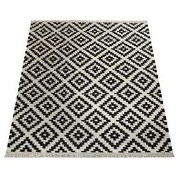 Wollteppich Paco Home "Kenitra 500", schwarz (schwarz, weiß), B:120cm H:12mm L:170cm, Wolle, Teppiche, Fransenteppich, Flachgewebe, reine Wolle, handgewebt, Rauten Design, mit Fransen