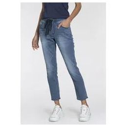Jogg Pants Kangaroos "7/8 JOGG-DENIM", Damen, Gr. 34, N-Gr, blau (new mid blau), Jersey, Obermaterial: 59% Alpaka, 40% Polyester, 1% Elasthan, Abriebeffekte, bequem 7/8-Länge, Jeans, weites Bein, mit Used-Waschung, hohe Leibhöhe, 7/8-Länge