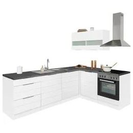 Winkelküche KOCHSTATION "KS-Luhe", weiß (küche: weiß, front: weiß matt, korpus: weiß, arbeitsplatte: betongrau), B:240 T:60, Komplettküchen-Sets, Küchenzeile, Stellbreite 240x180 cm, wahlweise mit oder ohne E-Geräten, MDF-Fronten