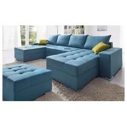 Wohnlandschaft Collection AB "Josy XL U-Form, B: 313 cm in Flachgewebe, Struktur, Kunstleder", blau, B:313cm H:84cm T:161cm, 100% Polyester, Sofas, mit Bettfunktion, Bettkasten & 2 Zierkissen, Federkern