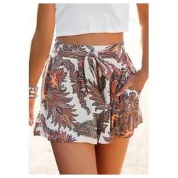 Strandshorts Lascana, Damen, Gr. 38, N-Gr, bunt (weiß, bedruckt), Jersey, Obermaterial: 100% Viskose, modisch, figurumspielend kurz, Hosen Shorts Strandshorts, mit Bindeband und Paisleydruck, elastischer Bund, kurze Hose