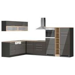 Winkelküche KOCHSTATION "KS-Wien", grau (küche: grau, front: hochglanz grau, korpus: grafit, arbeitsplatte: eiche sonoma), B:220cm H:200cm T:340cm, Komplettküchen-Sets, Stellbreite 220 x 340 cm, wahlweise mit E-Geräten
