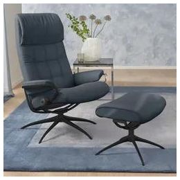 Relaxsessel stressless "London", blau (atlantic blau batick), B:80cm H:116cm T:71cm, Leder BATICK: durchgefärbtes und genarbtes Möbelleder, Leder PALOMA: durchgefärbtes Semianilin-Möbelleder, ROHLEDER Stoff Q2 FARON (100% Polyester im Flor, Grundgewebe: 50% Polyester, 50% Polyacryl), Sessel, mit Hocker, High Back, mit Star Base, Gestell Schwarz