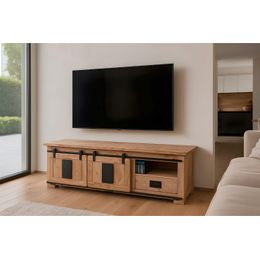 Lowboard Kommode TV-Board mit Schiebet&uuml;ren, Schubfach & 3 F&auml;chern Akazie massiv natur 160 x 45 x 50 cm LIBRO