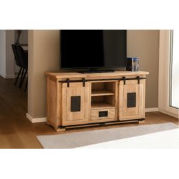 Lowboard Kommode TV-Board mit Schiebet&uuml;ren, Schubfach & 6 F&auml;chern Akazie massiv natur 128 x 45 x 70 cm LIBRO