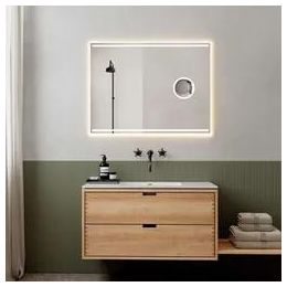 Badspiegel Loevschall "Focus, Spiegel mit Beleuchtung, Integrierter Schminkspiegel", weiß, B:100cm H:75cm T:2,5cm, Spiegelglas, Spiegel, LED licht, Dänisches Design, Lichtspiegel, x5 Vergrößerung