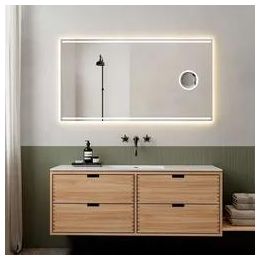Badspiegel Loevschall "Focus, Spiegel mit Beleuchtung, Integrierter Schminkspiegel", weiß, B:140cm H:75cm T:2,5cm, Spiegelglas, Spiegel, LED licht, Dänisches Design, Lichtspiegel, x5 Vergrößerung