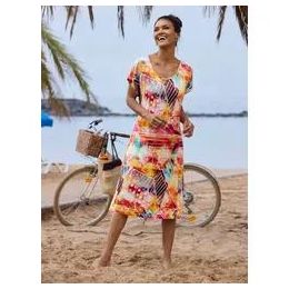 Sommerkleid feel good "Sommerkleid", Damen, Gr. 40/42, Normalgrößen, bunt (gelb, fuchsia, bedruckt), 95% Viskose, 5% Elasthan, bedruckt, gemustert, mehrfarbig, kurz, Rundhals, Kleider