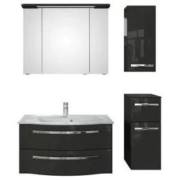 Badmöbel-Set SAPHIR "Serie 4005, vormontiert, Glaswaschbecken, Spiegelschrank", grau (lack steingrau hgl, quarzgrau hgl), Holzwerkstoff, Kastenmöbel-Sets, Badezimmer-Set mit Unterschrank, Hängeschrank, inkl. Türdämpfer
