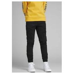 Jack & Jones Cargohose JACK & JONES JUNIOR "JPSTPAUL JJFLAKE AKM 542", Jungen, Gr. 146, N-Gr, schwarz, Web, Obermaterial: 98% Baumwolle, 2% Elasthan, unifarben, slim fit knöchellang, Hosen