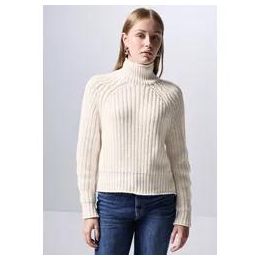 Strickpullover STREET ONE STUDIO, Damen, Gr. 42, weiß (lucid weiß), Web, 60% Baumwolle, 40% Polyacryl, unifarben, Casual, gerade normal, hoch geschlossener Ausschnitt, Bündchen, Pullover, im soften Baumwoll-Mix