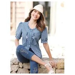 Trachtenbluse Classic Basics, Damen, Gr. 42, blau (jeansblau, weiß, kariert), 65% Polyester, 35% Baumwolle, gemustert, kariert, mehrfarbig, Rundhals, Blusen