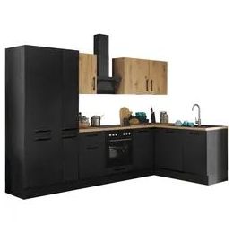 Winkelküche BASIC BY BALCULINA "Turin", schwarz (küche: schwarz, korpus: schwarz matt woodprint, arbeitsplatte: artisan eichefarben), B:310cm H:211cm T:60cm, Komplettküchen-Sets, Küchenzeile, Stellbreite 310x175 cm, wahlweise mit E-Geräten