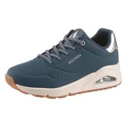 Slip-On Sneaker Skechers "UNO SHIMMER AWAY", Damen, Gr. 41, silber (navy, silberfarben), Lederimitat, kontrastfarbene Details, sportlich, Schuhe Sneaker, Slipper, Freizeitschuh, Plateausneaker mit modischem Keilabsatz