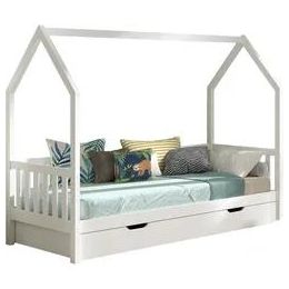 Hausbett Vipack "Cabane, mit Dachaufbau, Bettschublade auf Rollen u. Sprossenumrandung", weiß (weiß, weiß, weiß), B:98cm H:169cm L:208cm, Betten, sehr stabil und standfest gebaut inkl. Massivholz Rolllattenrost