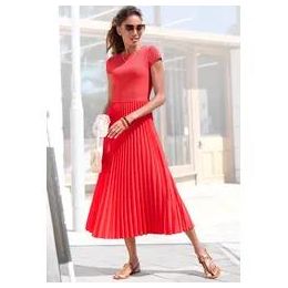 Midikleid Lascana, Damen, Gr. 42, N-Gr, rot, Obermaterial: 100% Polyester. Obermaterial 2: 100% Polyester, unifarben, modisch, figurumspielend Midi, Rundhals, Kurzarm, Kleider, mit Plisseerockteil, Basic, modisch, Topseller