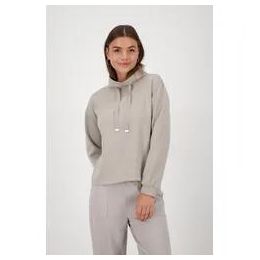 Sweatshirt monari "Sweatshirt Schmuckdetail", Damen, Gr. 44, beige (greige), Sweatware, Obermaterial: 55% Polyester, 38% Viskose, 7% Elasthan, unifarben, modisch, regular fit normal, hoch geschlossener Ausschnitt, Langarm eingesetzt Bündchen, Sweatshirts, Stehkragen mit Bindeband, Logo aus Strasssteinen