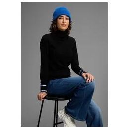 Rollkragenpullover AJC, Damen, Gr. 48/50, schwarz blau, Feinstrick, Obermaterial: 50% Baumwolle, 50% Polyacryl, unifarben mit Farbeinsätzen, Casual, figurbetont hüftbedeckend, hoch geschlossener Ausschnitt, Rippbündchen, Pullover, mit trendy Kontraststreifen