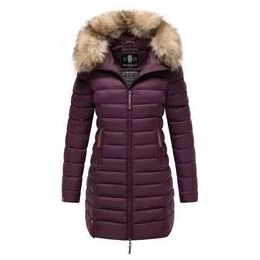 Steppmantel Marikoo "Rose-Stepp", Damen, Gr. 6XL (52), lila (aubergine), Oberstoff: 100% Nylon, Futter: 100% Polyester, Wattierung: 100% Polyester, Ärmelfutter: 100% Polyester, Kunstpelz: 90% Polyacryl, 10% Polyester, modisch, figurbetont Po-bedeckend, Langarm Ärmel ohne Ärmelschlitz normaler Saum, Mäntel, zeitloser Winterparka mit großer Kunstfellkapuze