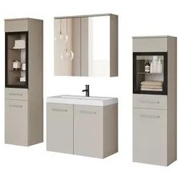 Badmöbel-Set Welltime "MADRIT II, Schrank mit Waschbecken, 2 Hänger, Spiegelschrank", beige (kaschmir), B:120,4cm H:131,5cm T:34,5cm, Holzwerkstoff, Kastenmöbel-Sets, Hängende Badmöbel mit Glaseinsätzen – in vielen Farben erhältlich