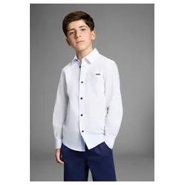 Langarmhemd Bruno Banani "Oberhemd für Jungen", Jungen, Gr. 152, N-Gr, weiß, Web, Obermaterial: 97% Baumwolle, 3% Elasthan, unifarben mit Farbeinsatz, Basic, mit Knopf 1-Knopf-Manschette mit Schlitz, Hemden, NEU Bruno Banani für TEENS. Elegantes Hemd