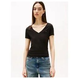 T-Shirt Tommy Jeans "TJW 2PACK V-NECK TEE", Damen, Gr. XL (42), schwarz (schwarz, schwarz), Jersey, Obermaterial: 100% Baumwolle, unifarben, casual, regular fit hüftlang, V-Ausschnitt, Kurzarm abgesteppt, Shirts, mit Logostickerei
