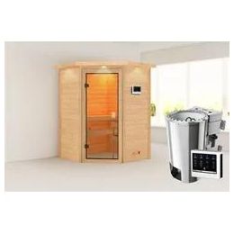 Sauna Karibu ""Anni" mit bronzierter Tür und Kranz, naturbelassen", naturbelassen, Bio-Kombiofen, externe Steuerung, 230 kW, Saunen, aus hochwertiger nordischer Fichte