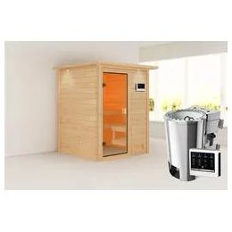Sauna Karibu ""Sandy" mit bronzierter Tür und Kranz, naturbelassen", naturbelassen, Bio-Kombiofen, externe Steuerung, 230 kW, Saunen, aus hochwertiger nordischer Fichte
