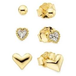 Ohrstecker-Set Firetti "Schmuck, Geschenk Ohrringset, Kugel-Optik, 2x Herzen", gold (gelbgoldfarben, kristallweiß, kristallweiß), Ohrringe, Damen, Silber 925 (Sterlingsilber), mit Zirkonia (synth.)