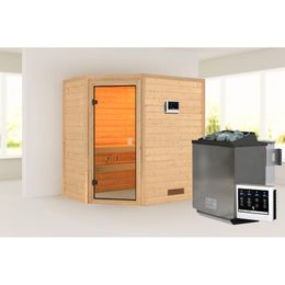 Karibu Sauna »"Juli" mit bronzierter Tür SET, naturbelassen mit Ofen 9 kW« aus hochwertiger nordischer Fichte naturbelassen