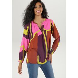 Aniston SELECTED Schlupfbluse mit leicht gl&auml;nzendem Samtband am Ausschnitt aubergine-pink-braun-senf 36 36 Bluse mit braunem Samtband am V-Ausschnitt