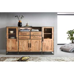 Highboard II Akazienholz massiv stone Hochschrank 3 Türen offenem Fach Oklahoma