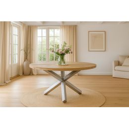Esstisch rund Ø 120 cm Mangoholz natur massiv Sternfuß-Gestell silber RUNIS