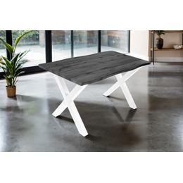 Esstisch 140x80 cm Baumkante Holz Grau-Optik X-Gestell Metall weiß JOSY