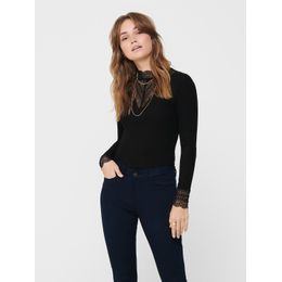 Spitzenshirt Only "ONLTILDE L/S HIGH NECK LACE TOP JRS", Damen, Gr. XS, schwarz (schwarz detail:schwarz lace), Jersey, Obermaterial: 95% Viskose, 5% Elasthan, unifarben, normal, hoch geschlossener Ausschnitt, Spitze, Shirts