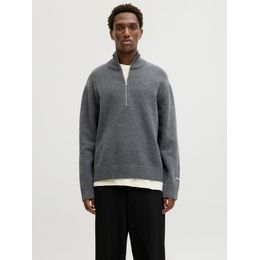 Jack & Jones Troyer JACK & JONES "JORNORREBRO KNIT HALF ZIP SN", Herren, Gr. L, grau (dunkelgrau melange), Strick, Obermaterial: 55% Baumwolle, 22% Polyester, 21% Polyacryl, 2% Elasthan, meliert, relaxed fit, hoch geschlossener Ausschnitt, Rippbündchen, Pullover