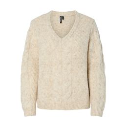 Strickpullover Pieces "PCNINA LS V-NECK KNIT NOOS BC", Damen, Gr. M, beige (birch), Strick, Obermaterial: 82% Polyester, 14% Polyacryl, 4% Wolle, unifarben, regular fit hüftbedeckend, V-Ausschnitt, Rippstrickbündchen, Pullover