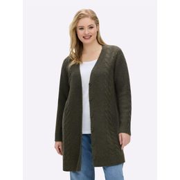 Longstrickjacke sheego, Damen, Gr. 40/42, khaki, ecru, meliert, 55% Polyacryl, 36% Polyester, 5% Wolle, 4% Elasthan, unifarben, Strickjacken Longstrickjacke
