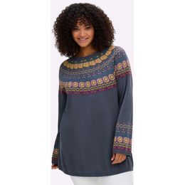 Jacquardpullover sheego "Pullover", Damen, Gr. 40/42, rauchblau, 50% Baumwolle, 50% Polyacryl, Norwegermuster, gemustert, mehrfarbig, Pullover