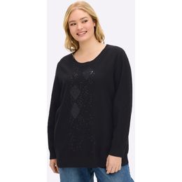 Rundhalspullover sheego "Pullover", Damen, Gr. 48/50, schwarz, 50% Viskose, 28% Polyester, 22% Polyamid, unifarben, Pullover Rundhalspullover
