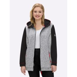 Bikerjacke sheego, Damen, Gr. 54, schwarz, ecru, meliert, 100% Polyester, Ärmel und Kapuze:36% Baumwolle, 3% Elasthan, 61% Polyester, gemustert, mehrfarbig, meliert, Jacken