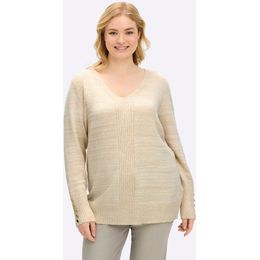 V-Ausschnitt-Pullover sheego by Joe Browns "Pullover", Damen, Gr. 48/50, champagner, 65% Polyacryl, 19% Polyester, 13% metallisierte Fasern, 3% Elasthan, unifarben, Pullover