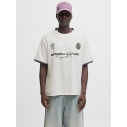 Jack & Jones Trainingsshirt JACK & JONES "JCOCOVER RETRO FOOTBALL TEE SS LN", Herren, Gr. L, weiß (cloud dancer), Jersey, Obermaterial: 100% Polyester, bedruckt, relaxed fit, Rundhals, Shirts