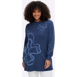 Jacquardpullover sheego "Pullover", Damen, Gr. 48/50, jeansblau, gemustert, 50% Viskose, 28% Polyester, 22% Polyamid, Einsatz:100% Polyamid, geblümt, gemustert, mehrfarbig, Pullover