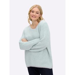 Rundhalspullover sheego "Pullover", Damen, Gr. 40/42, mint, 96% Polyester, 4% metallisierte Fasern, unifarben, Pullover