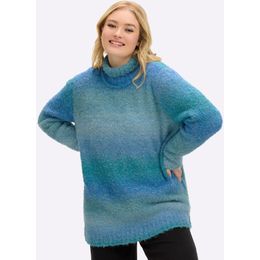 Stehkragenpullover sheego "Pullover", Damen, Gr. 40/42, topas, jeansblau, gestreift, 59% Polyester, 24% Polyacryl, 11% Wolle, 4% metallisierte Fasern, 2% Elasthan, gemustert, gestreift, mehrfarbig, Pullover